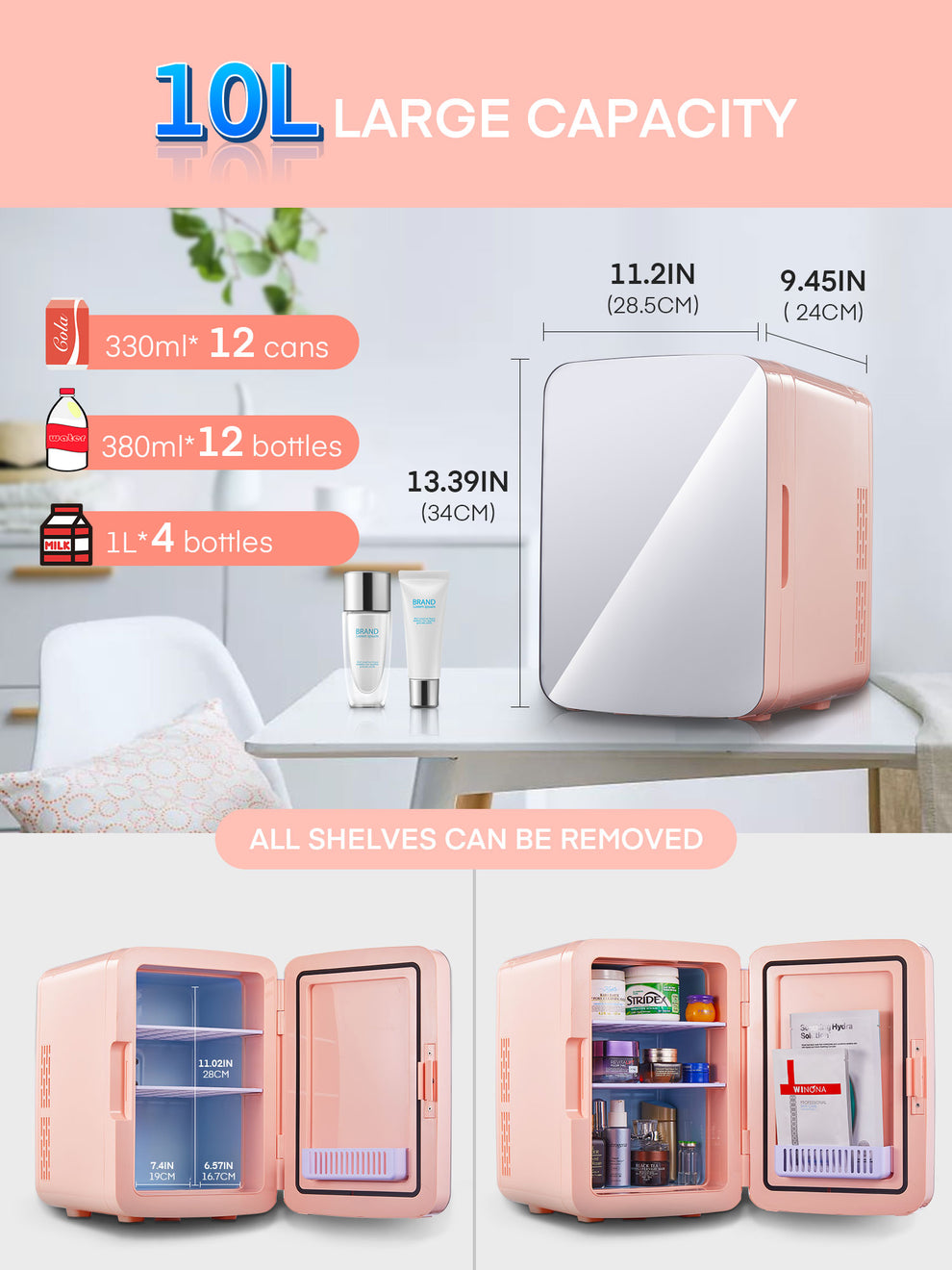 Mini Fridge 10L Portable Mirrored Beauty Cooler Warmer for Bedroom ...